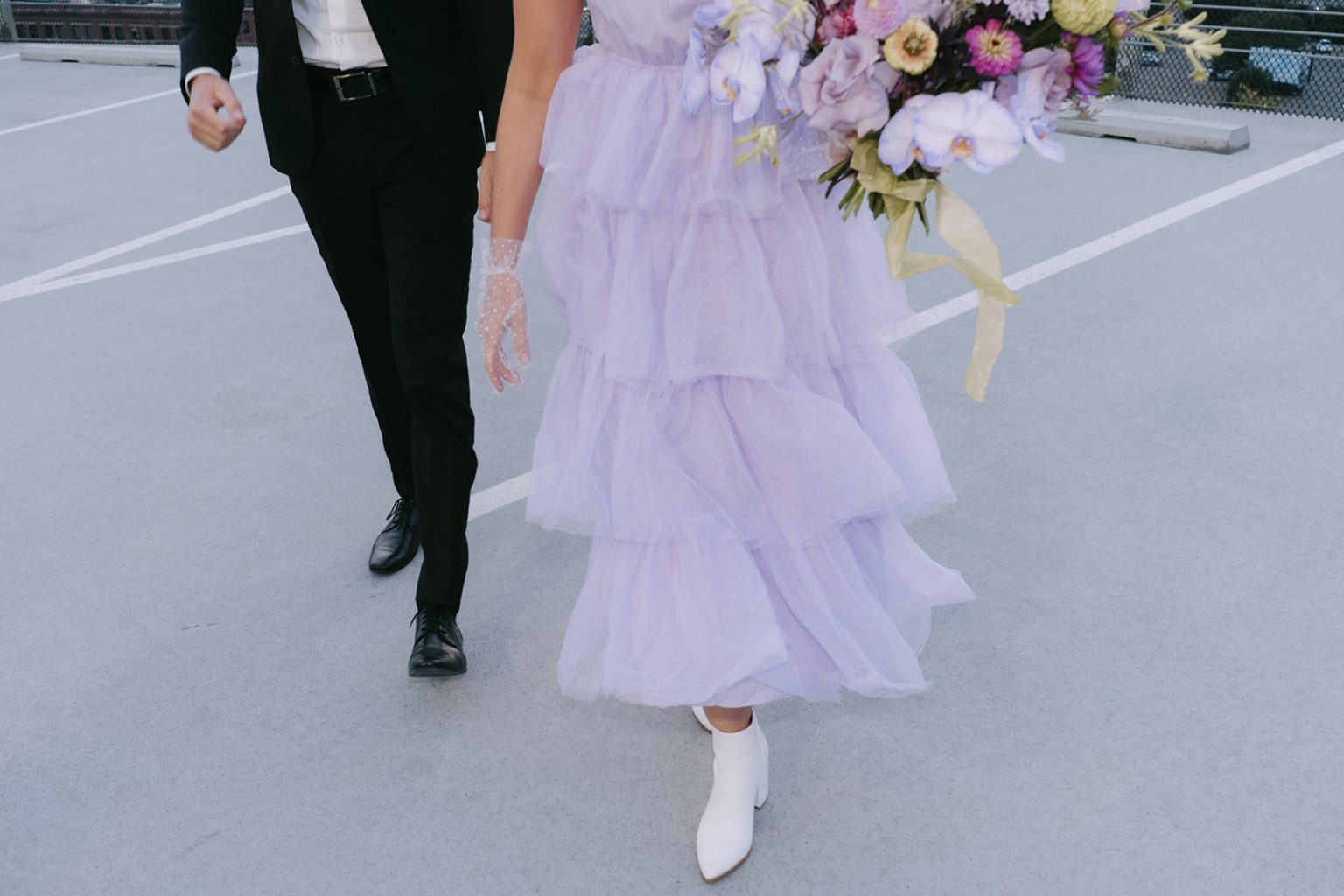 80's Inspired Downtown Elopement with Violet Florals & a Vintage Car ...