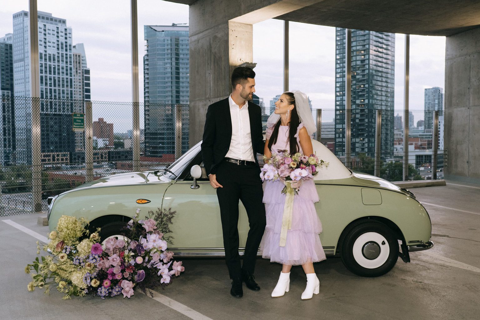 80's Inspired Downtown Elopement with Violet Florals & a Vintage Car ...
