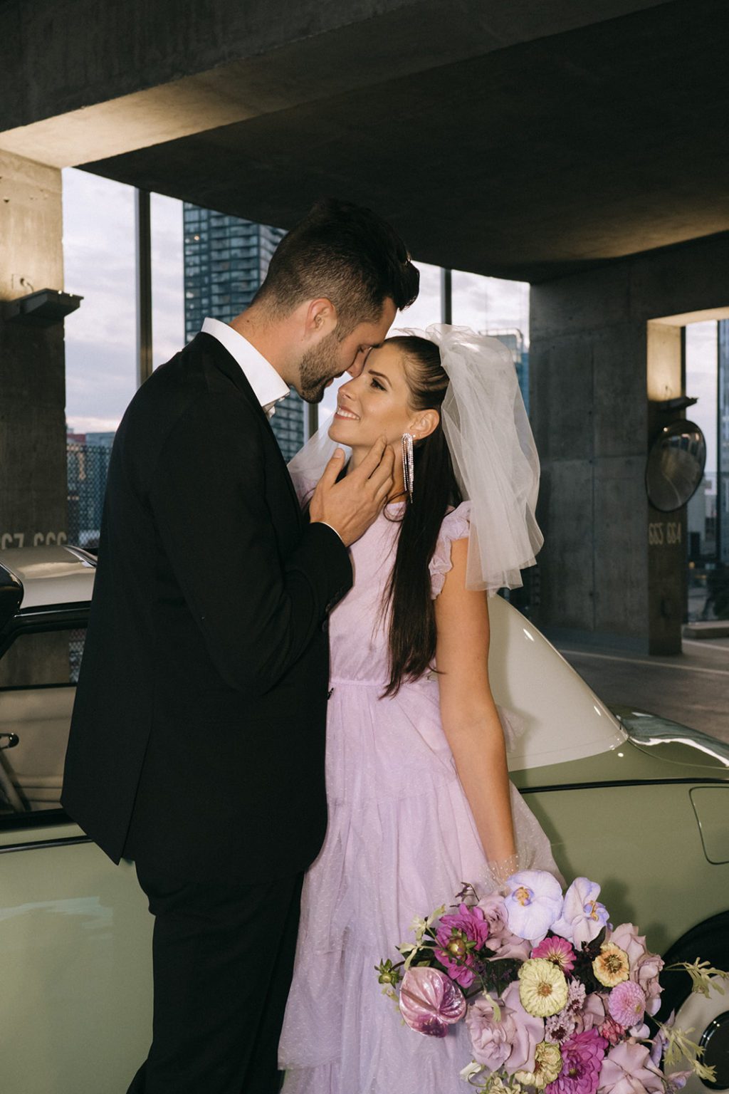 80's Inspired Downtown Elopement with Violet Florals & a Vintage Car ...
