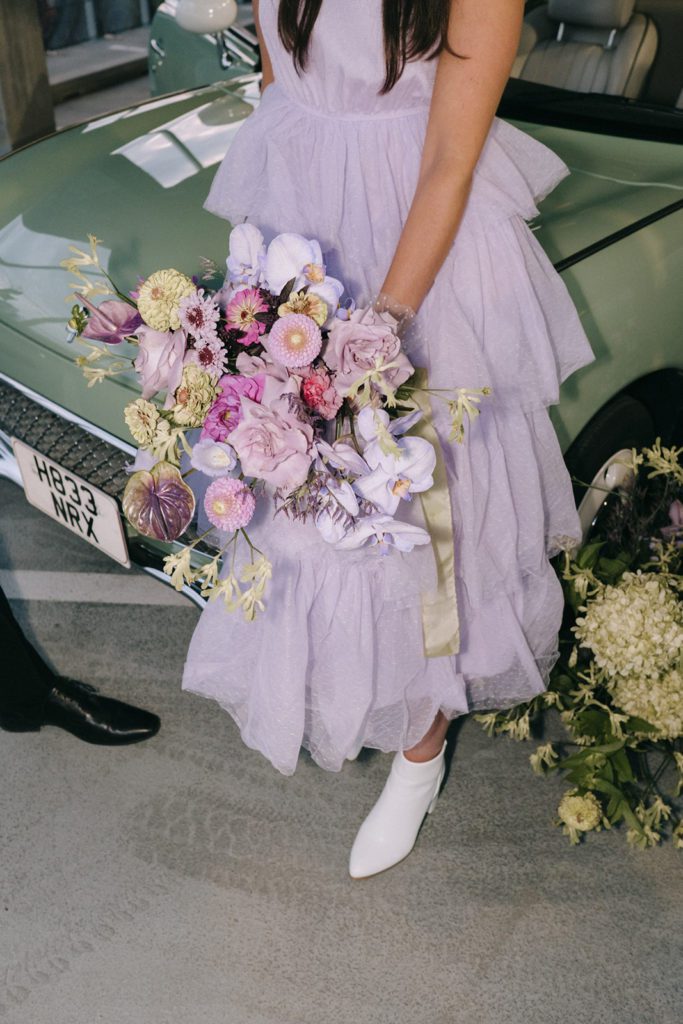 80's Inspired Downtown Elopement with Violet Florals & a Vintage Car ...