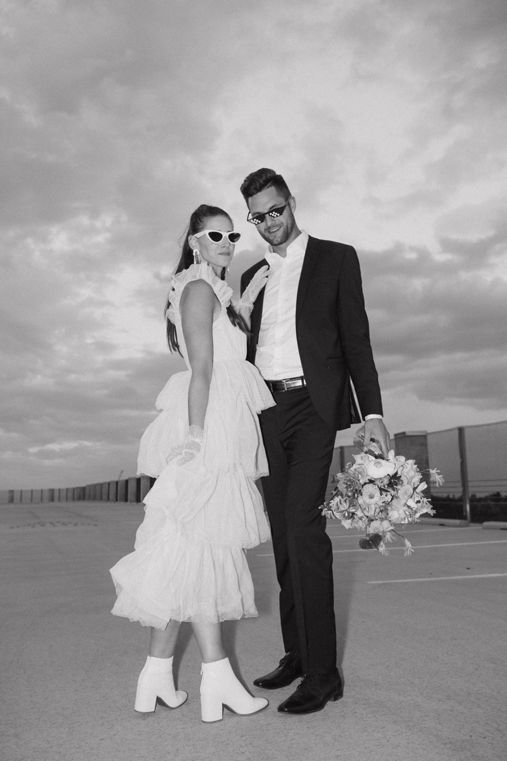 80's Inspired Downtown Elopement with Violet Florals & a Vintage Car ...