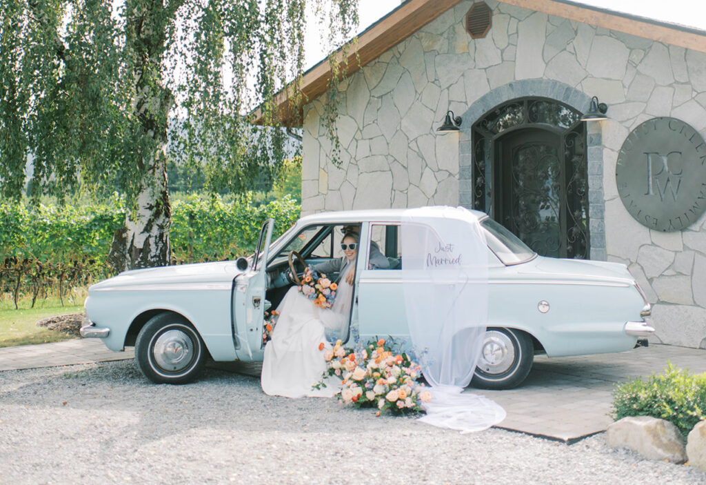 A Vintage Baby Blue Getaway Car & Colourful Summer Wedding Florals ...